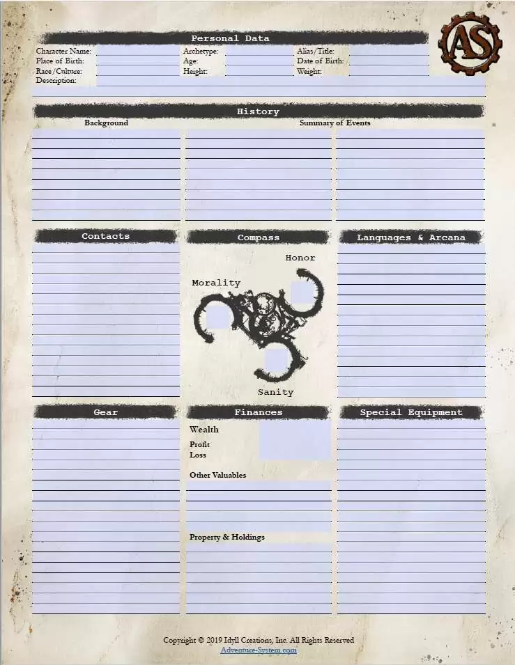 Adventure System - Character Sheet - Wealth System - Idyll Creations ...
