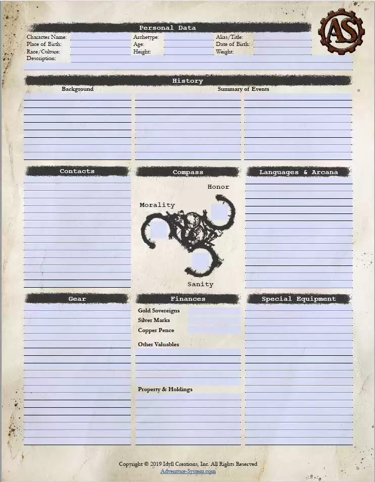 Adventure System - Character Sheet - Silver System - Idyll Creations ...