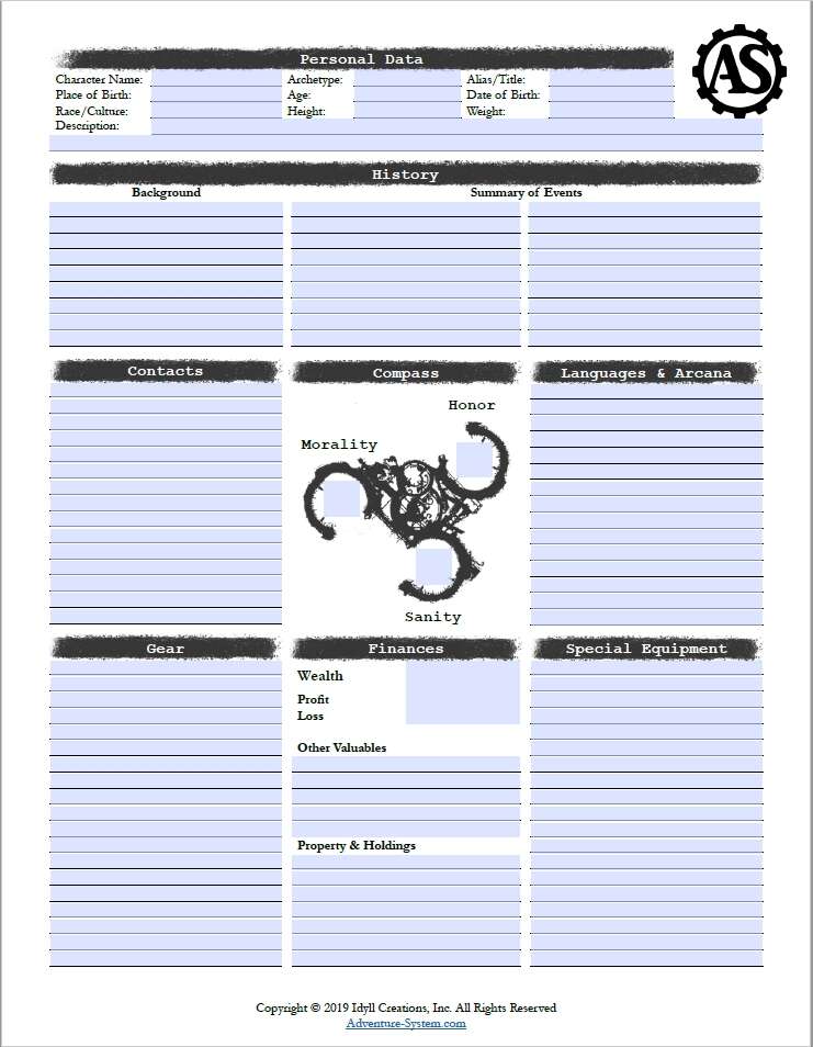Adventure System - Character Sheet - Wealth System - Black & White ...