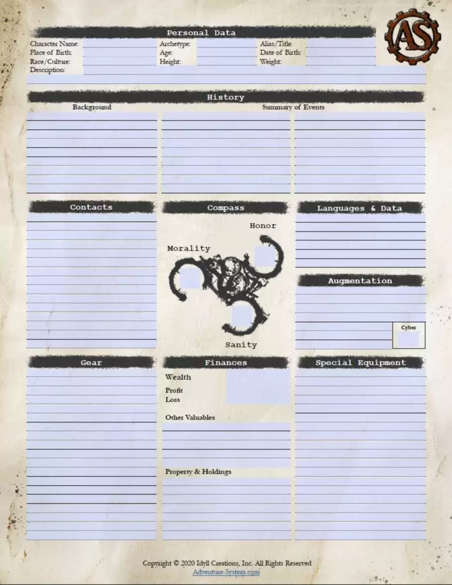 Adventure System - Character Sheet - Cyber - Idyll Creations | DriveThruRPG