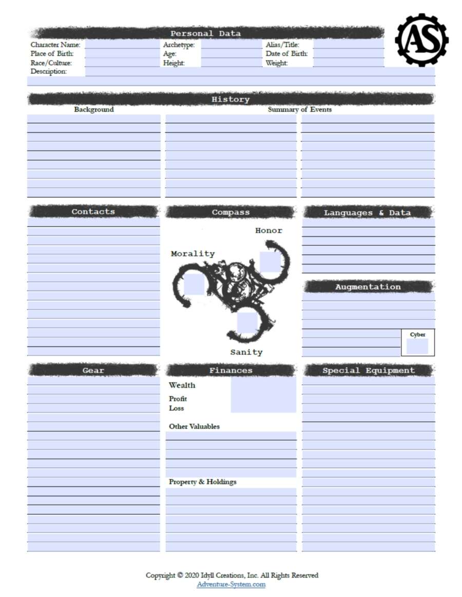 Adventure System - Character Sheet - Cyber - Black & White - Idyll ...
