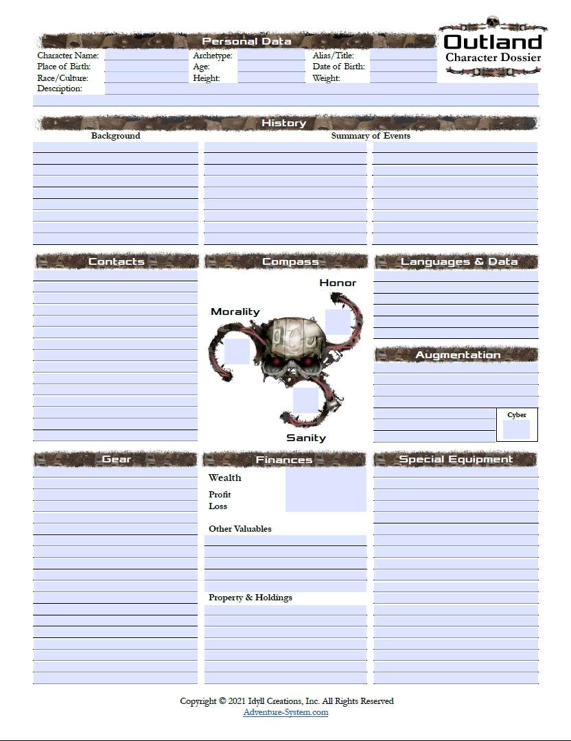 Outland - Character Sheet - Black & White - Idyll Creations | DriveThruRPG