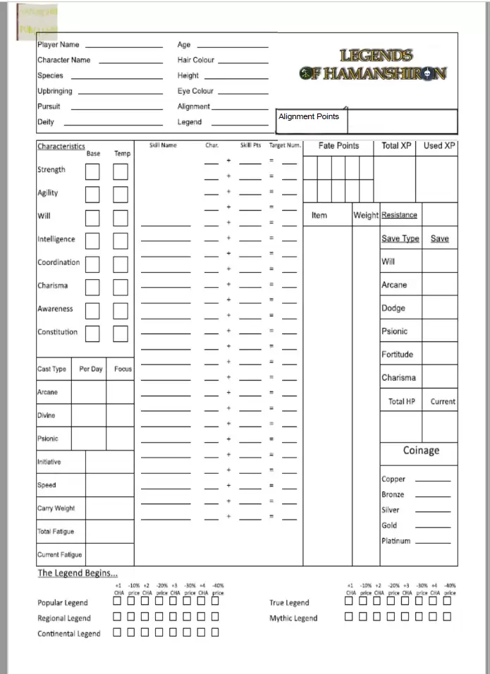 Legends of Hamanashiron Character Sheet - Hamanshiron Publishing ...