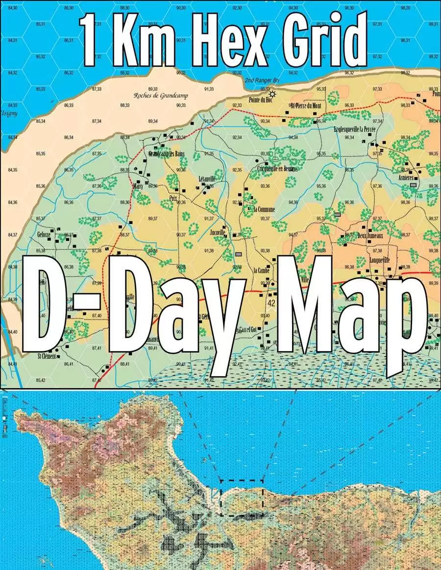 D-Day Map with 1 Kilometer Hex Grid - Game Design | DriveThruRPG