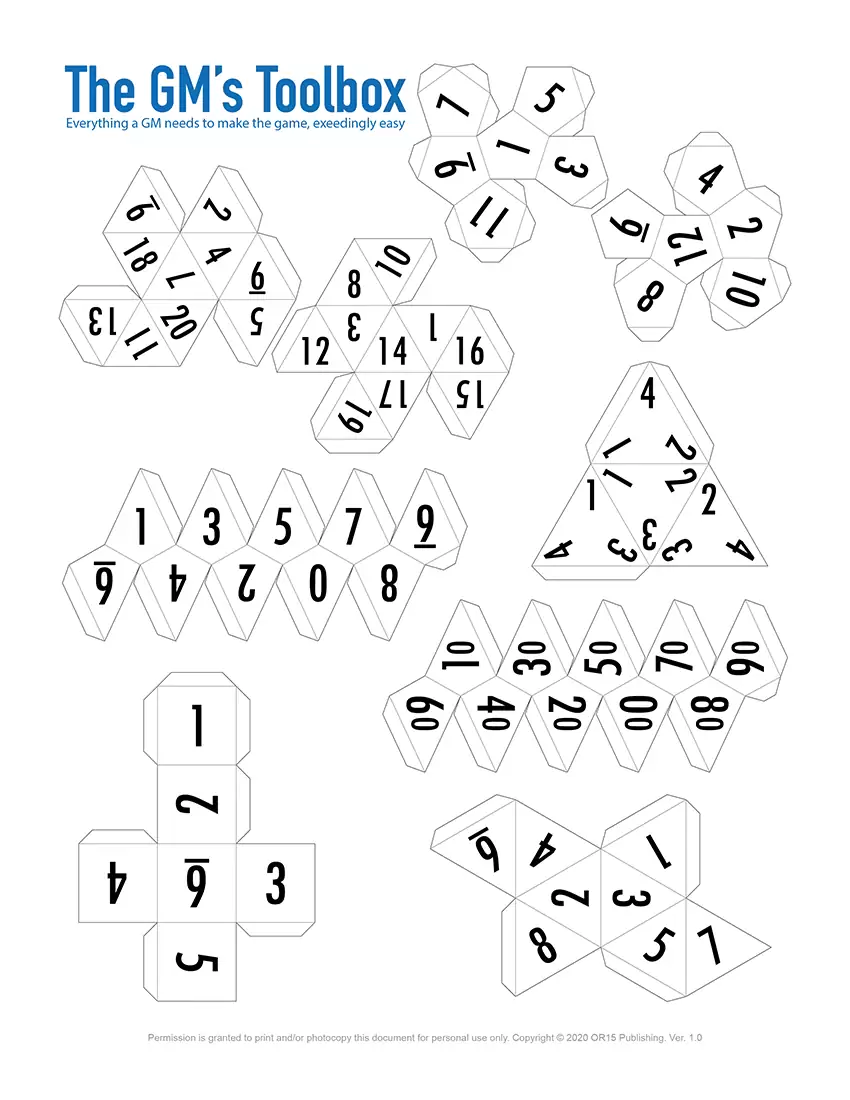 Printable dice - OR15 Publishing | The GM's Toolbox | DriveThruRPG