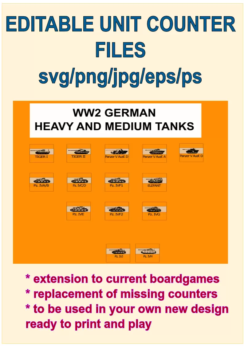 EDITABLE VECTOR GRAPHIC WW2 GERMAN TANK Unit Counters (Pz IV,V and VI ...