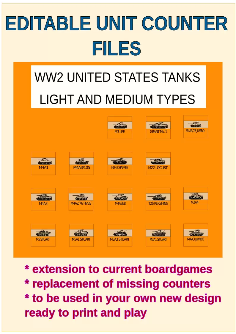 EDITABLE VECTOR GRAPHIC WW2 US LT AND MDM TANK Unit Counters for ...