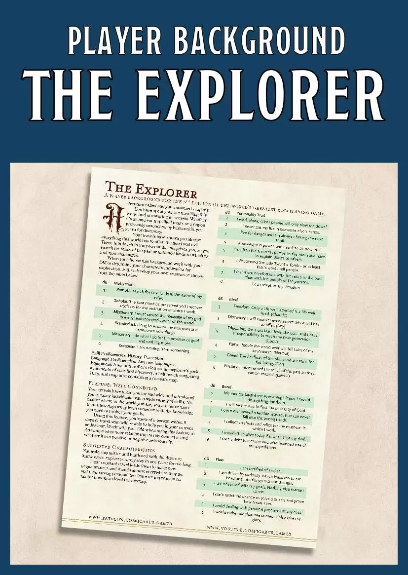 The Explorer Player Background - Icarus Games | DriveThruRPG