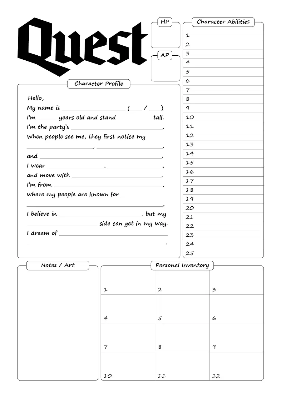 Lucy's One Page Character Sheet For Quest - Lucille L. Blumire ...