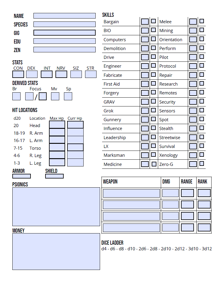 Bound to None Fillable Character Sheet - SpaceRoadie | DriveThruRPG
