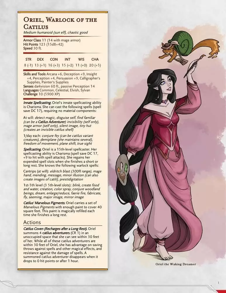 Oriel the Waking Dreamer, Sun Elf Warlock of the Catilus (5e Stat Block, Lore, and Extras ...