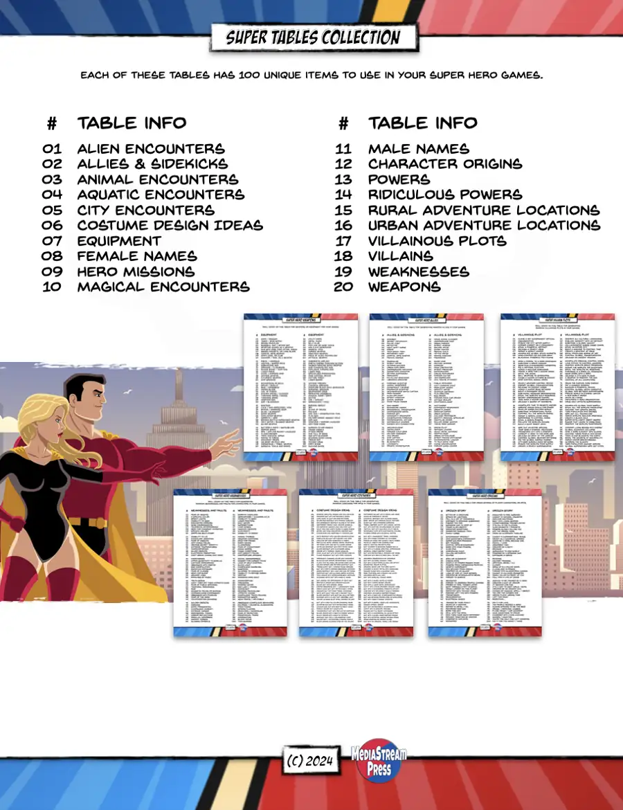 Super Tables - BUNDLE of 20 d100 tables for super hero games and ...
