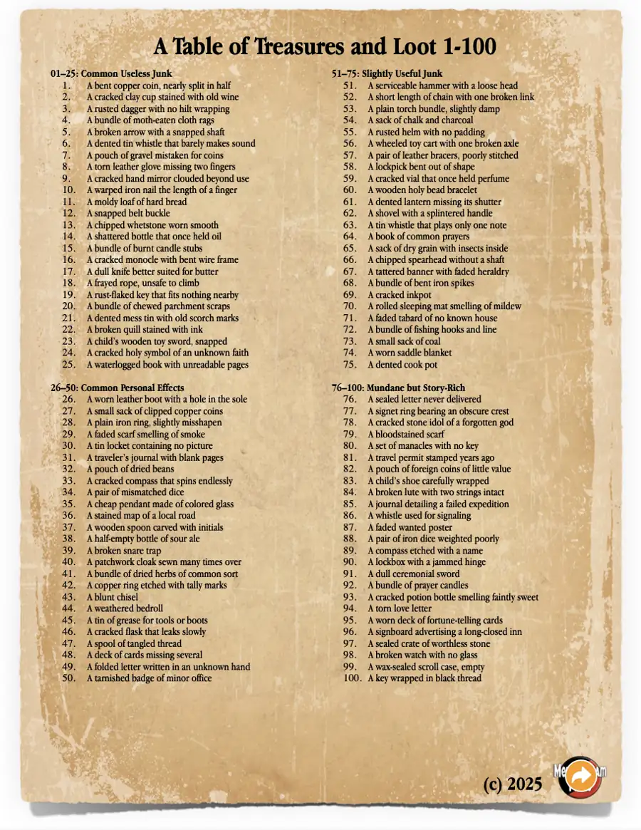A Table of Treasures 1000 System-Free, Fantasy Treasure and Loot Ideas ...