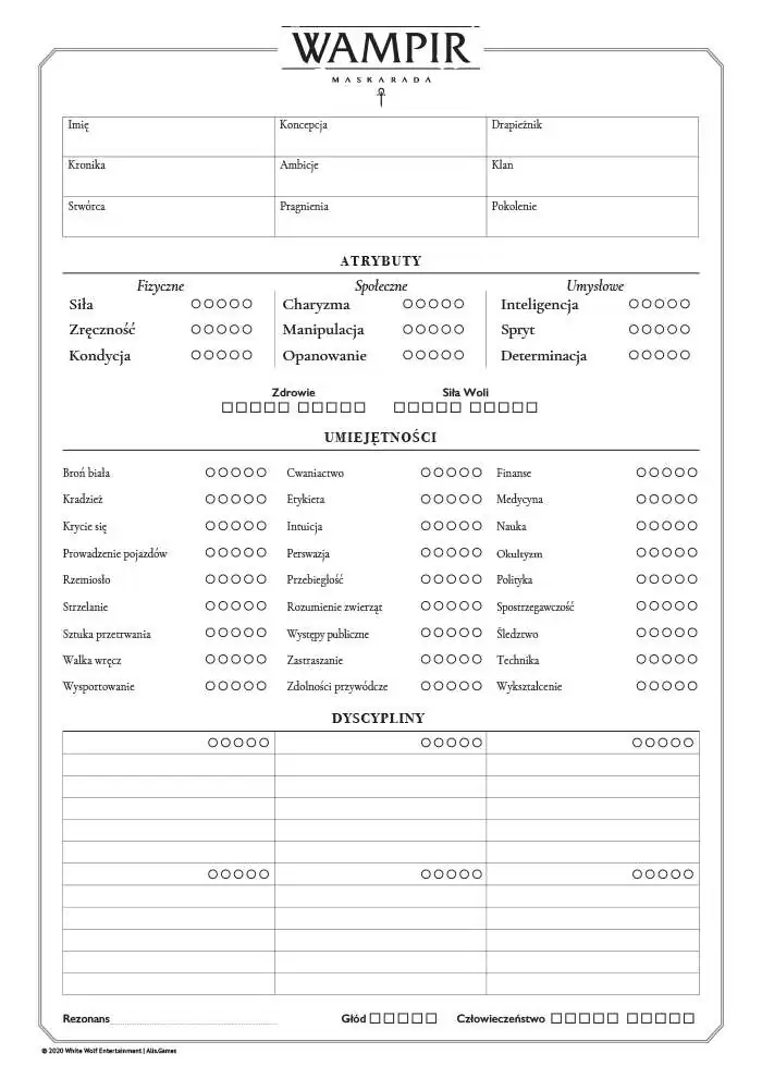 Wampir: Maskarada 5 Edycja Karta Postaci - Alis.Games | DriveThruRPG