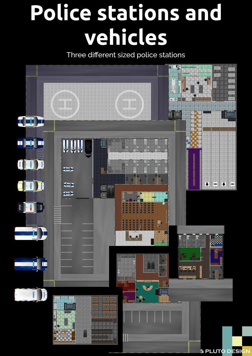 Police stations and vehicles - Pluto City Maps | Modern maps | DriveThruRPG