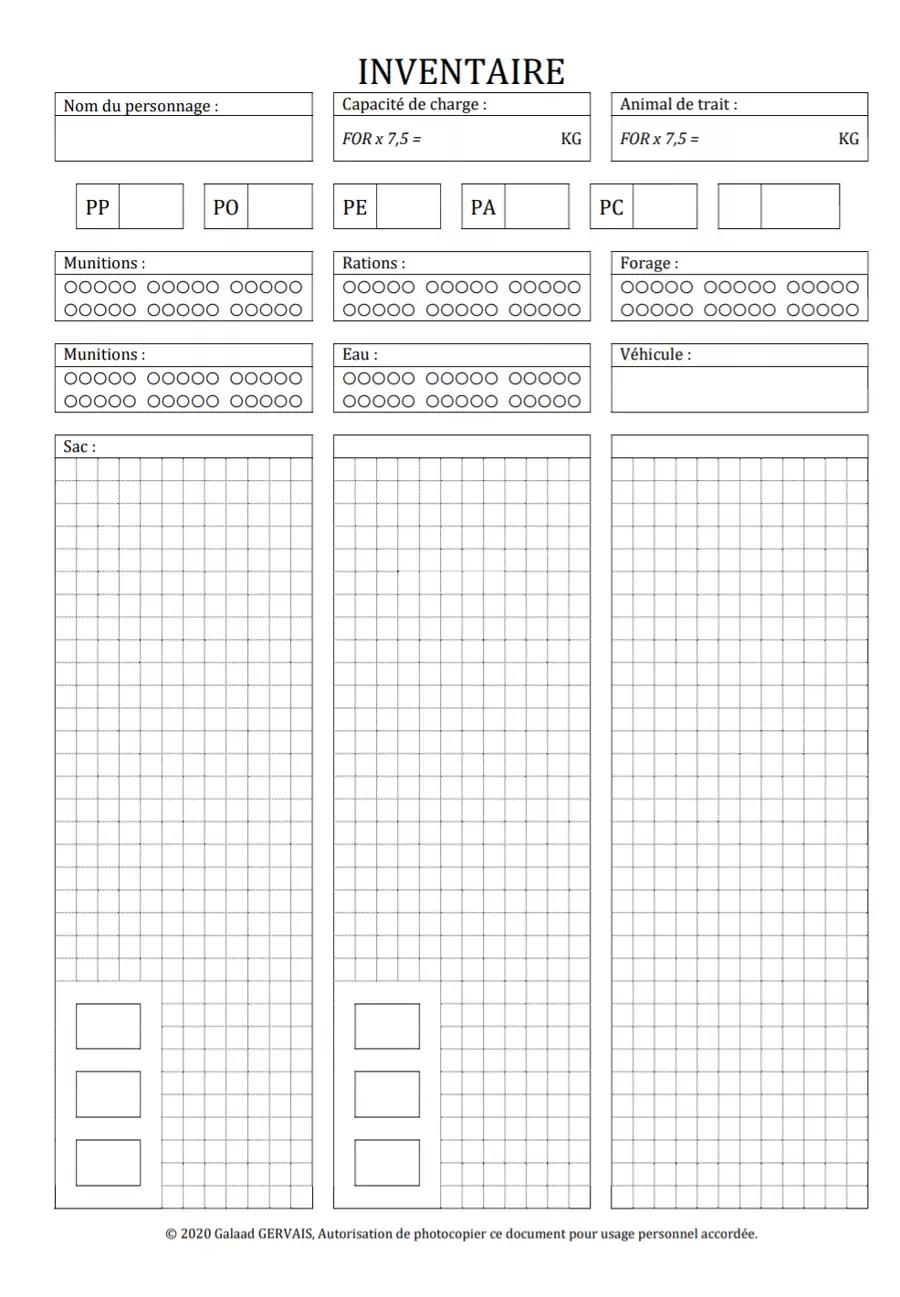 Fiche d'inventaire en français - Galaad Games | DriveThruRPG