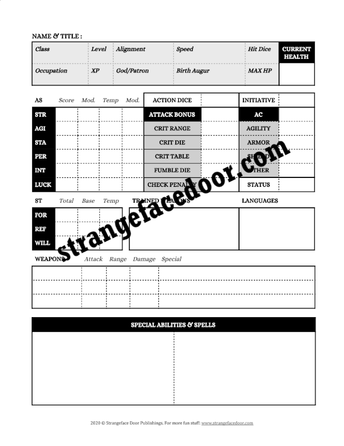 DCC Character sheet - Strangefacedoor | DriveThruRPG