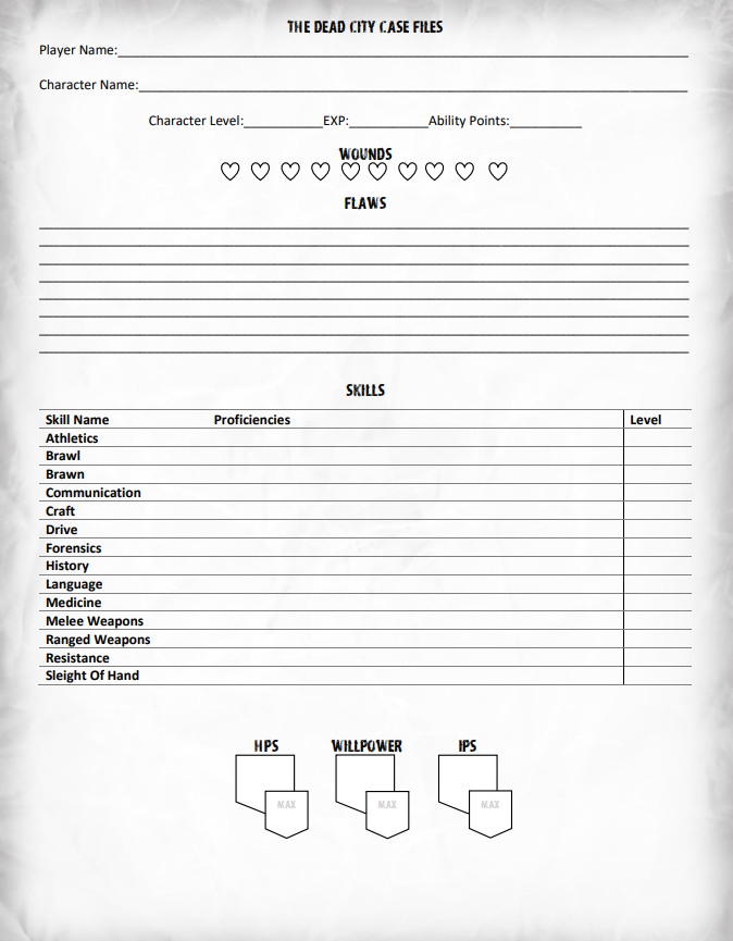The Dead City Case Files Character Sheet - Meta Mage Studios | DriveThruRPG
