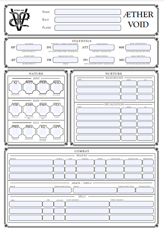 Aether Void Character Sheets (Fillable) - Aether Void | DriveThruRPG