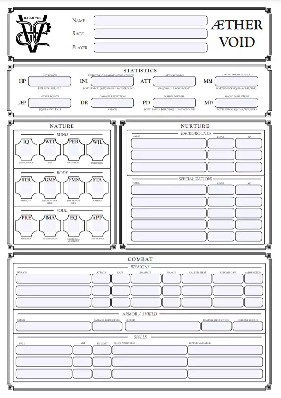 Aether Void Character Sheets (Fillable) - Aether Void | DriveThruRPG