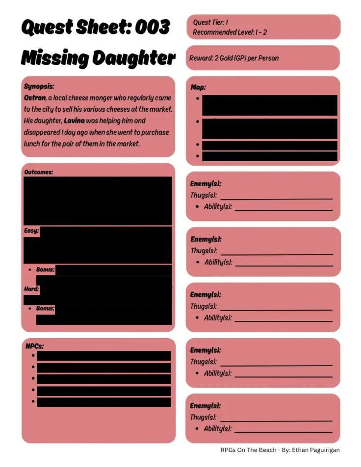 Quest Sheet 003 GM Version - RPGs On The Beach | DriveThruRPG