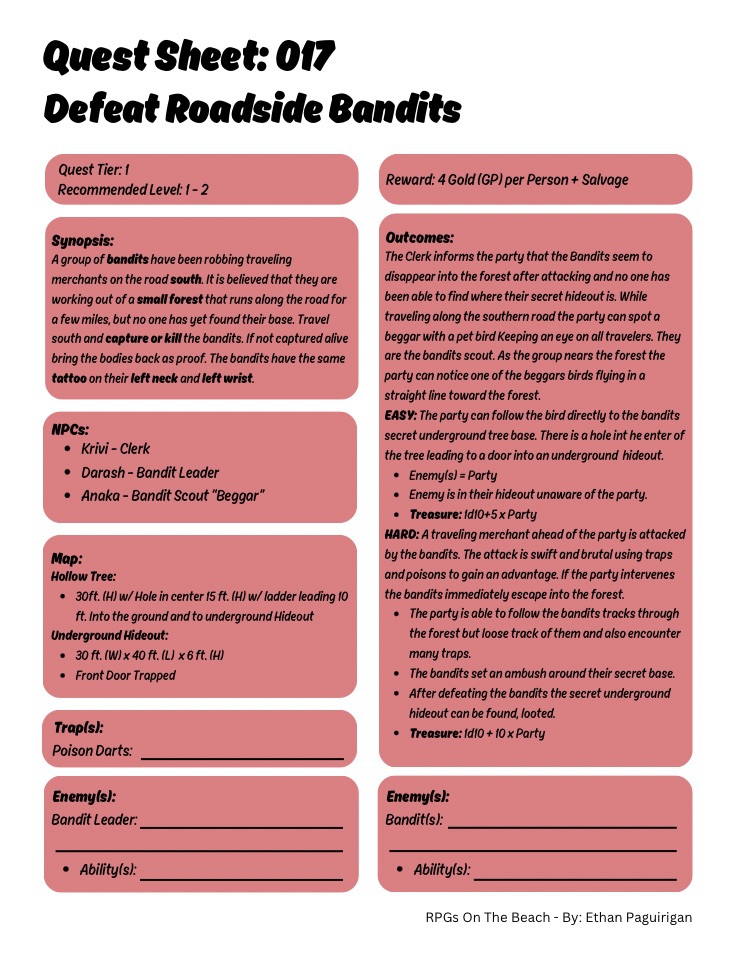 Quest Sheet 017 GM Version - RPGs On The Beach | Quest Sheets 11-20 ...