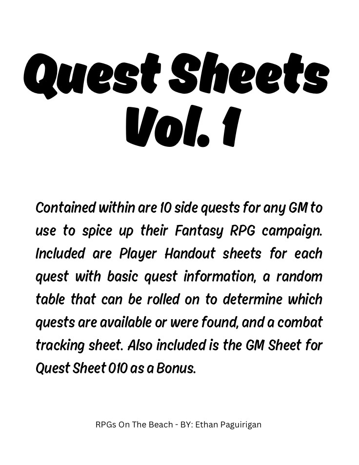 Quest Sheet Vol. 1 - RPGs On The Beach | DriveThruRPG