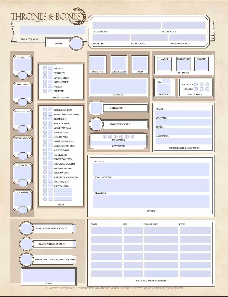 Thrones & Bones: 5e Character Sheets (Form-Fillable) - Lazy Wolf ...