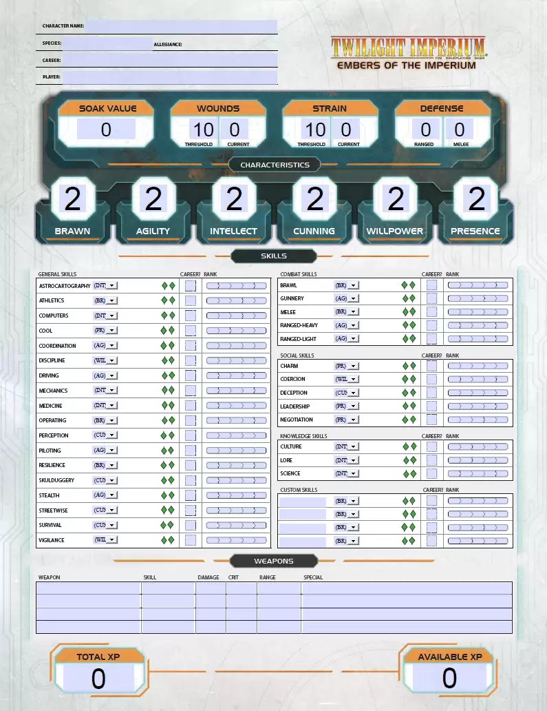 Embers of the Imperium Genesys Character Sheet (Form Fill, Dice Calc ...