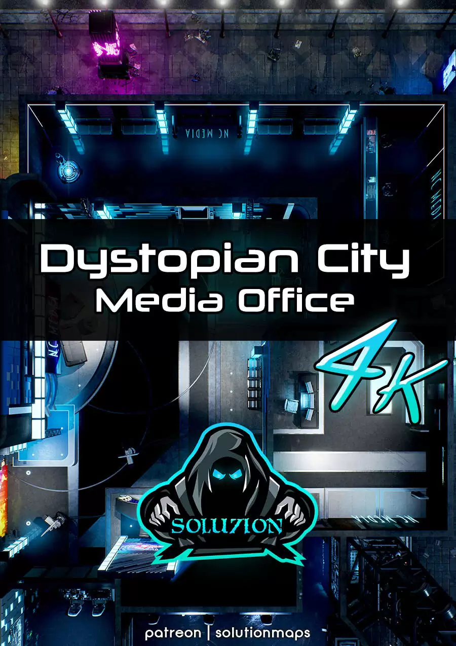 Dystopian City Media Office 4k - Cyberpunk Animated Battle Map - SolutionMaps | DriveThruRPG