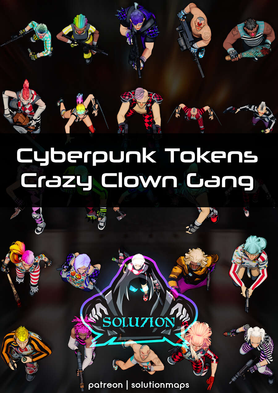 Crazy Clown Gang - Cyberpunk Top-Down Token Pack - SolutionMaps | DriveThruRPG