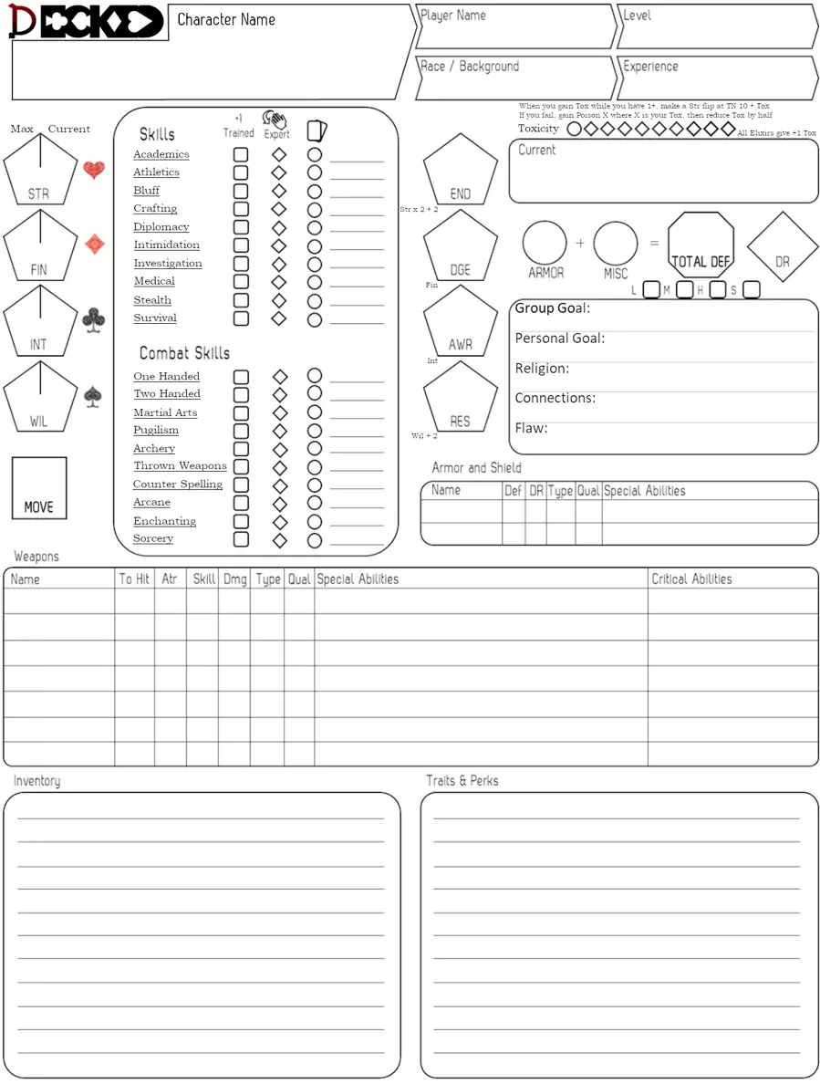 Decked Character Sheet - DeckedRPG | DriveThruRPG