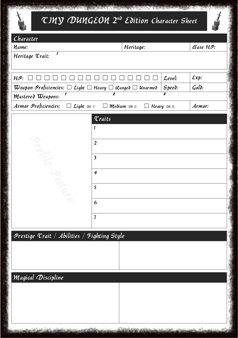 Custom Character Sheet for Tiny Dungeons 2nd Edition - Mighty Mugs Studios | DriveThruRPG