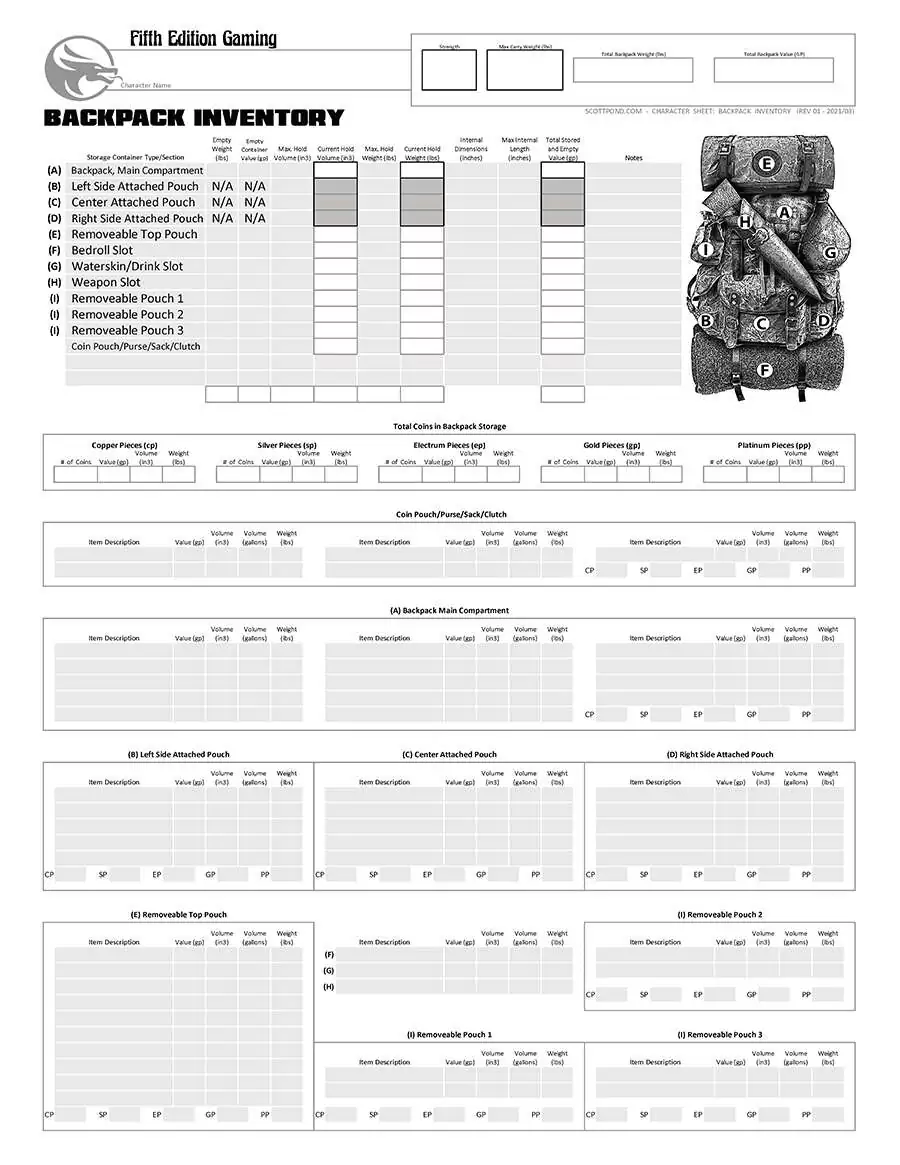 INVENTORY BUNDLE - Fifth Edition Gaming Character Reference Sheets ...