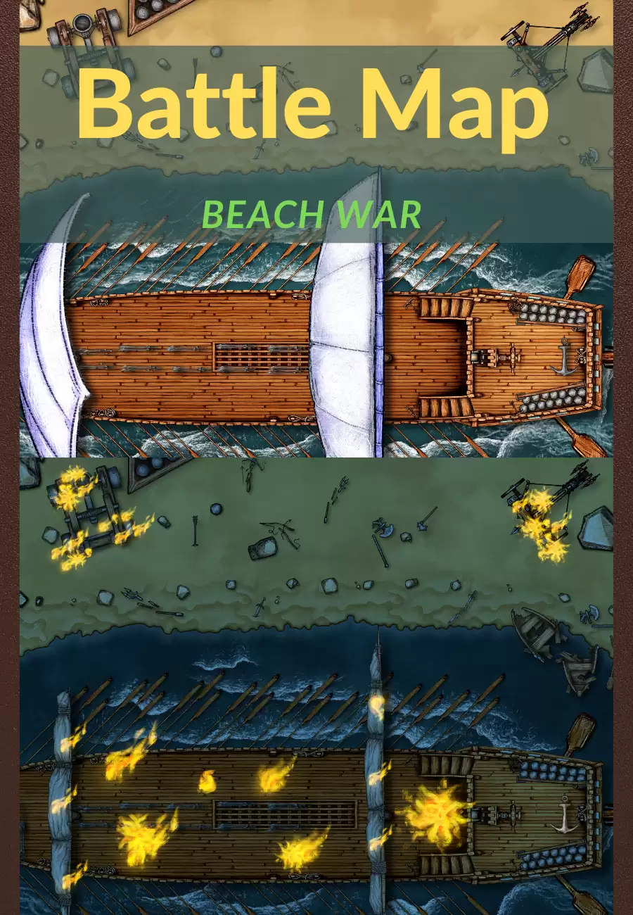 Battle Map 40x30: Beach war with battle ship - manitano | DriveThruRPG