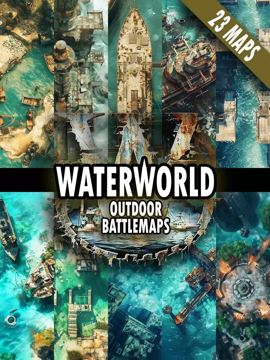 Post-apocalyptic Waterworld Battlemaps ⚓ 23 outdoor sunken land city ...