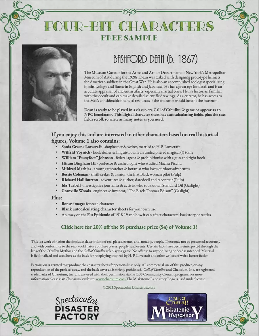 Four-Bit Characters: Bashford Dean - Chaosium | Spectacular Disaster ...