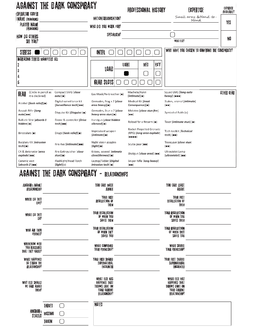 Against the Dark Conspiracy - Character Sheet - Gallus Games | DriveThruRPG