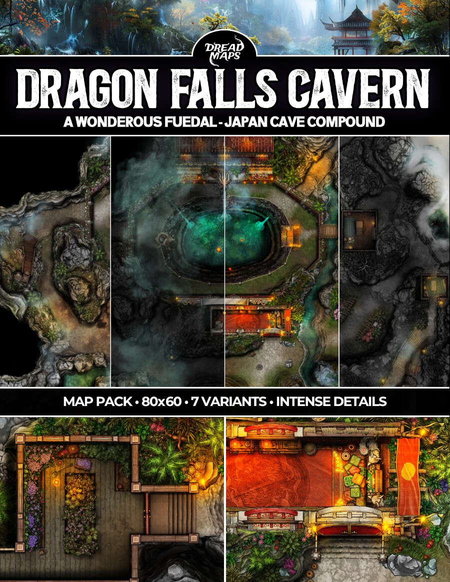 Dragon Falls Cavern - Mystic Feudal Japan Samurai Cave Temple Village ...