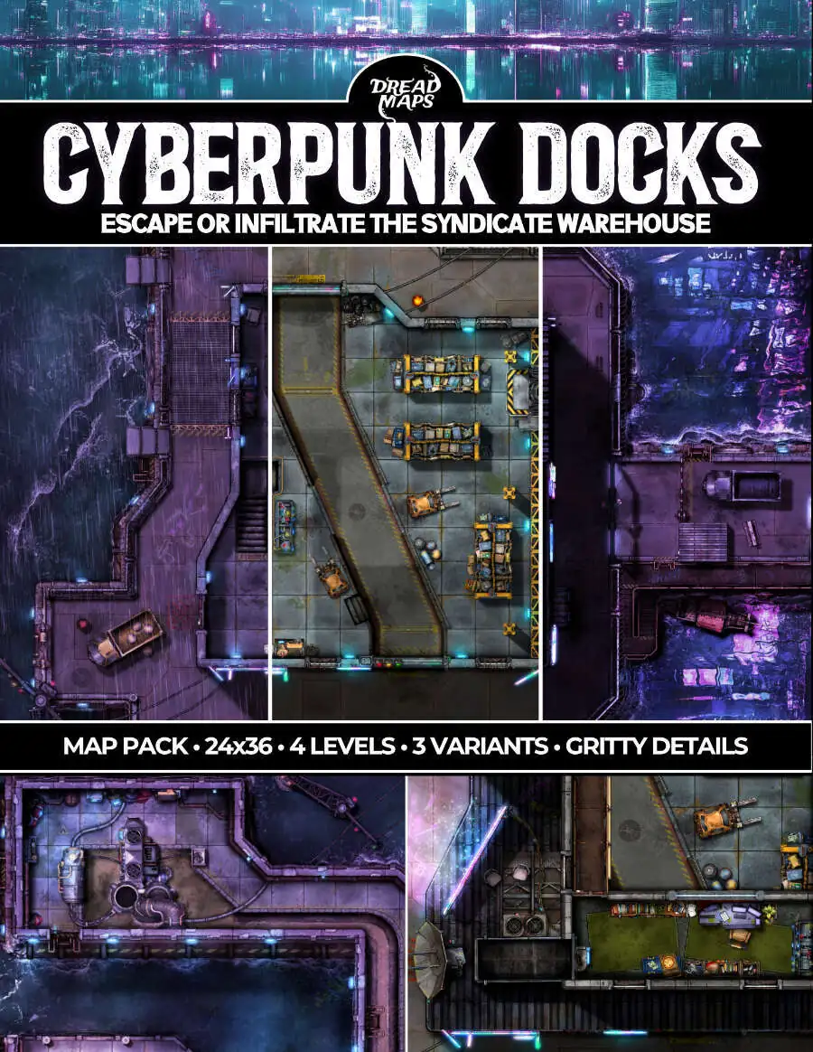 Cyberpunk Docks - 4 Level Port and Dock Warehouse Battlemap - Dread ...