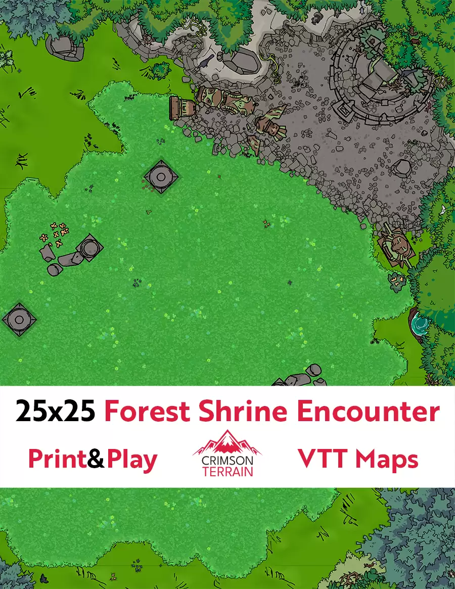 25x25 Battlemap | Forest Shrine Encounter - Crimson Terrain | DriveThruRPG