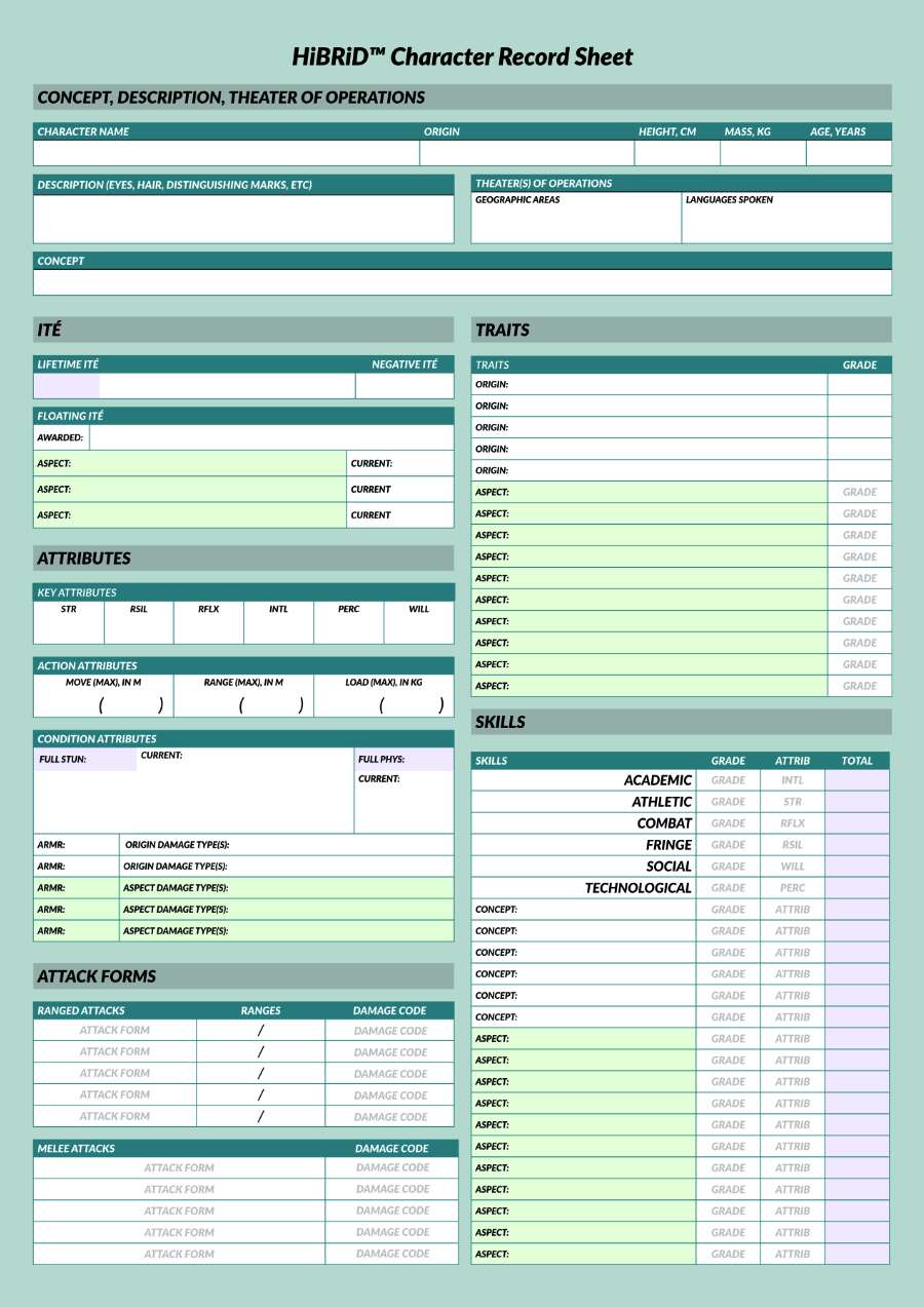 HiBRiD Character Sheet - Dendritic Systems LLC | DriveThruRPG