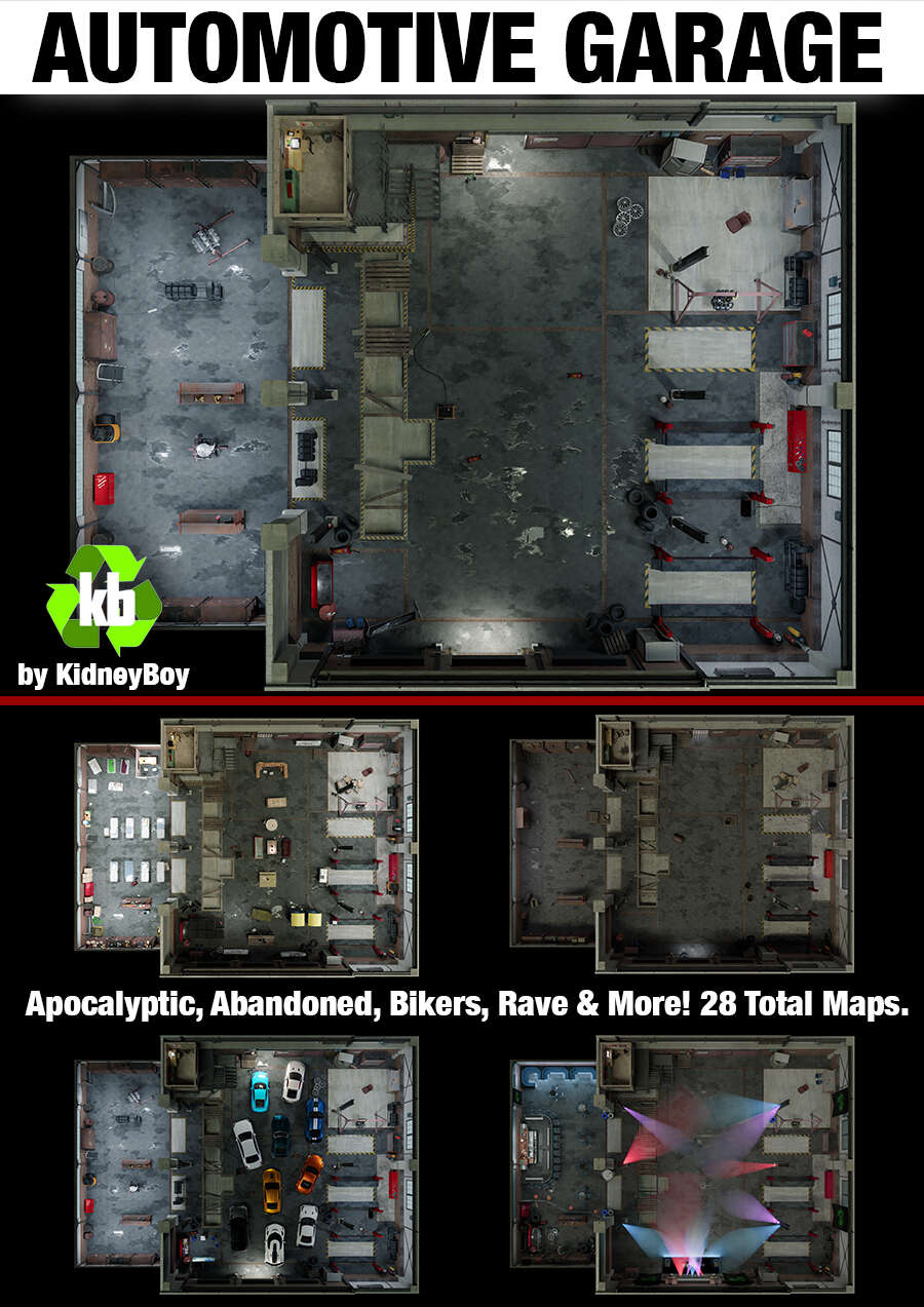 Automotive Garage Battlemaps - KidneyBoy | DriveThruRPG
