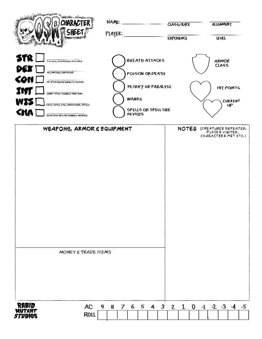 OSR Character Sheet - Rabid Mutant Studios | DriveThruRPG