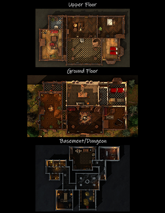 Simple 2 Story Mansion with Dungeon Map - MidKnight | DriveThruRPG