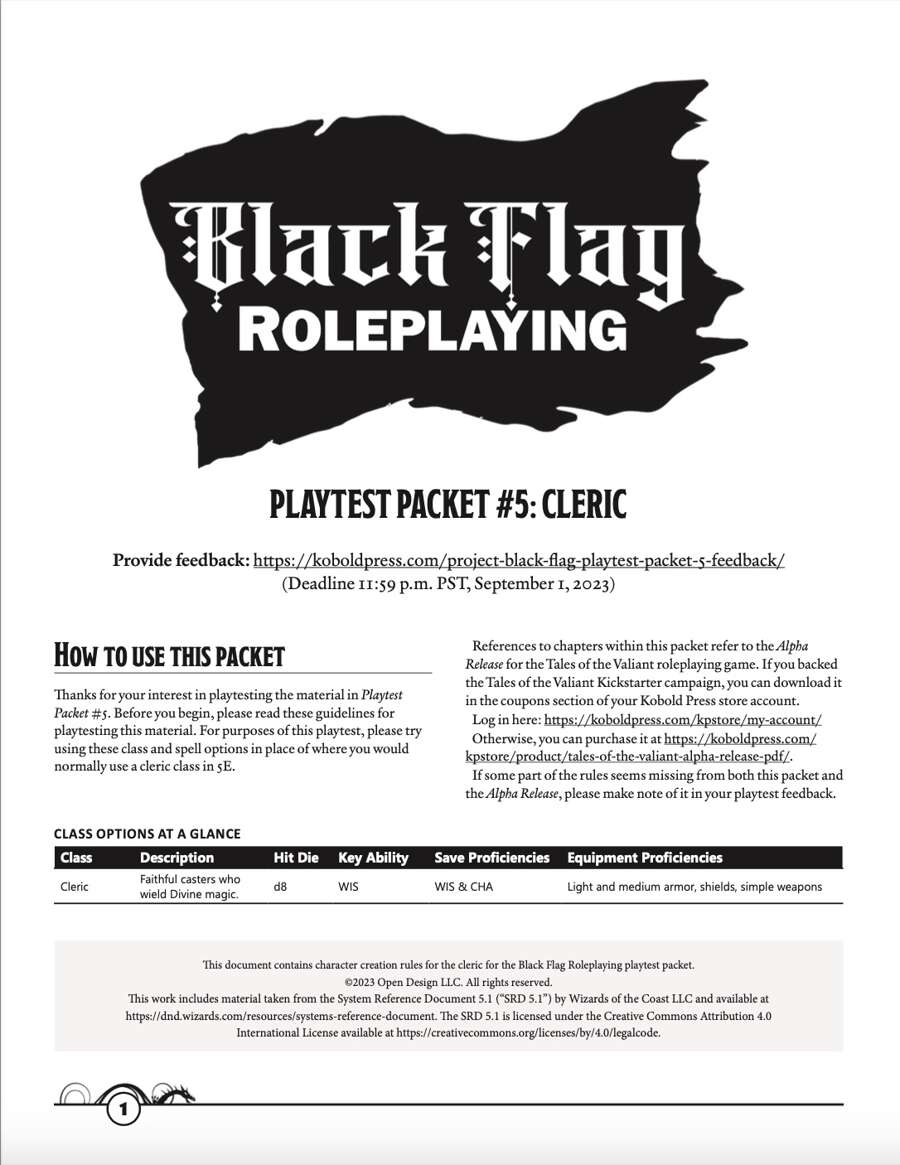 Project Black Flag Playtest Packet 5: Cleric - Kobold Press | Black ...