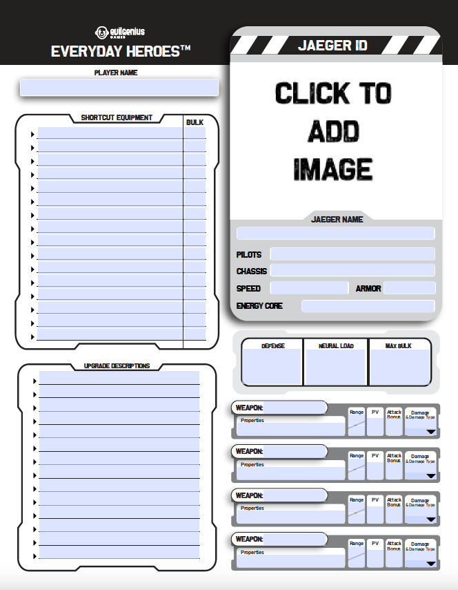 Pacific Rim: Jaeger Character Sheet - Evil Genius Games | DriveThruRPG