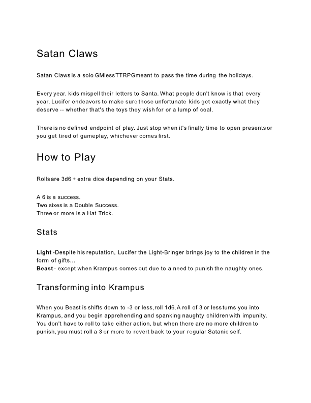 Satan Claws (Minimalist Game Jam 2) - Brickslinger Games | DriveThruRPG