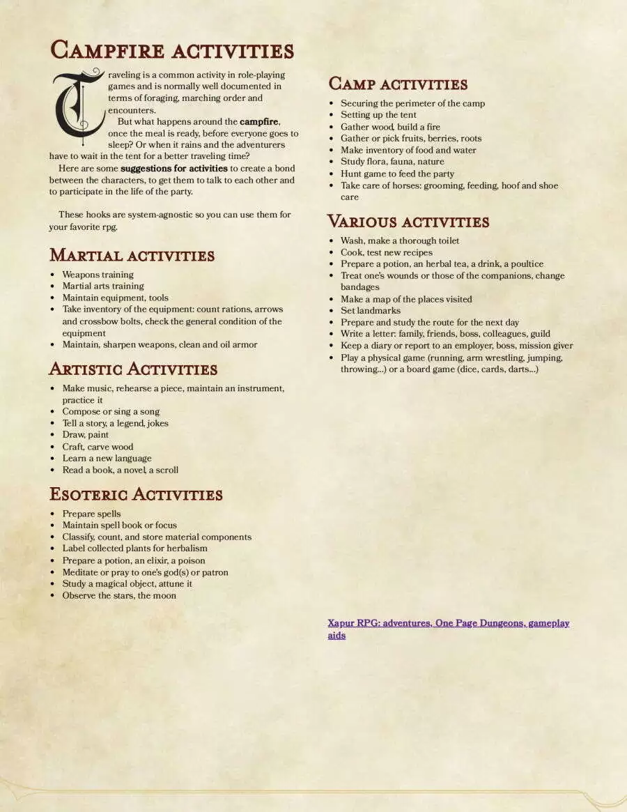 Campfire activities - Xapur_RPG | DriveThruRPG