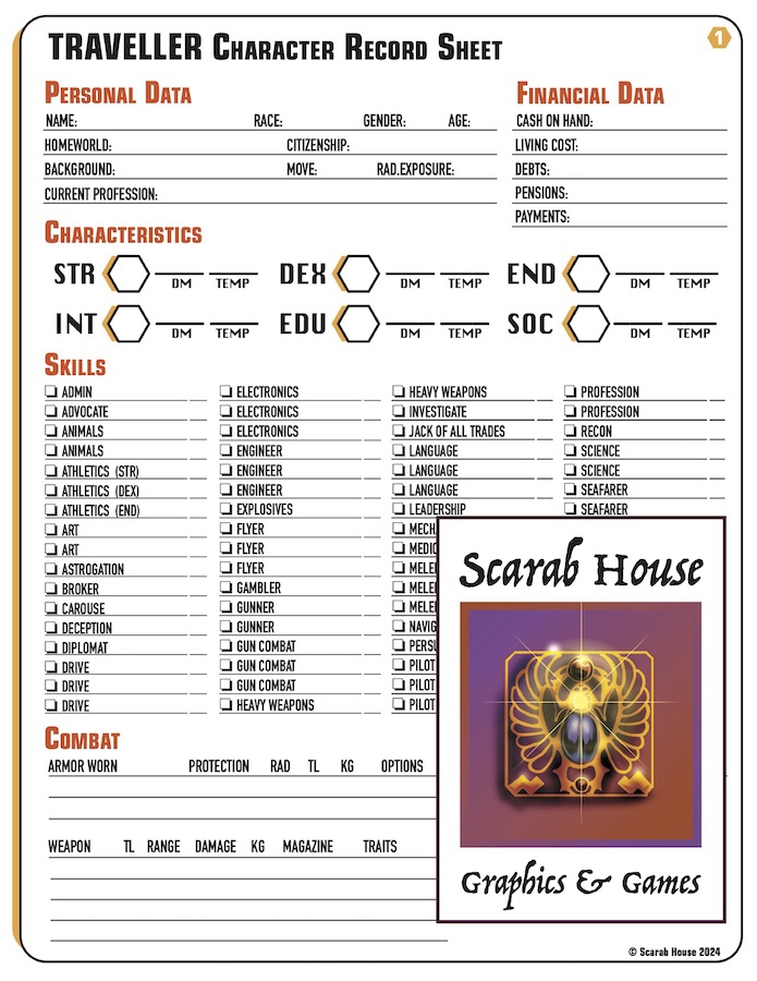 Traveller Character Sheet Set 2025 - Scarab House | DriveThruRPG